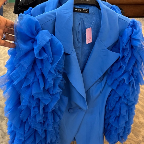 SHEIN | Jackets & Coats | Shein Womens Vibrant Blue Ruffled Blazer ...